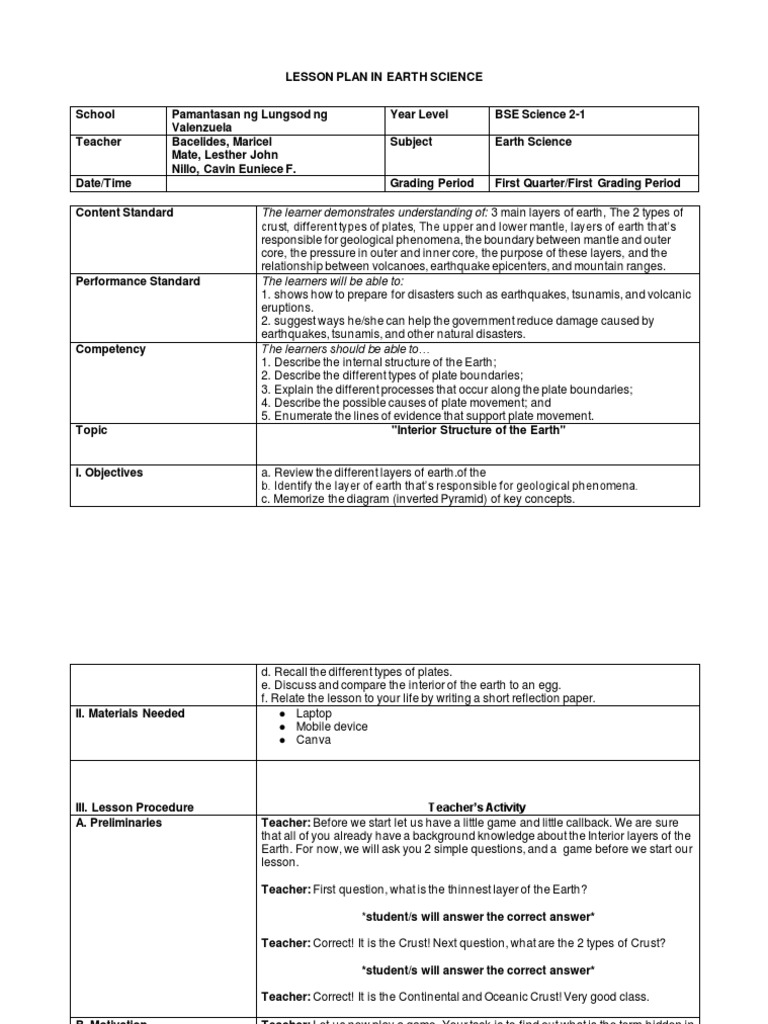 Earth Science Lesson Plan: Earth's Layers | PDF | Plate Tectonics | Earth