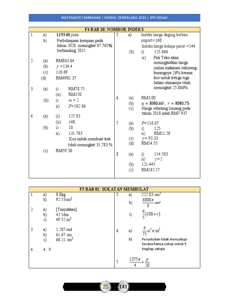 065 Modul Matematik Tambahan JPN Kedah - Cemerlang-141 | PDF