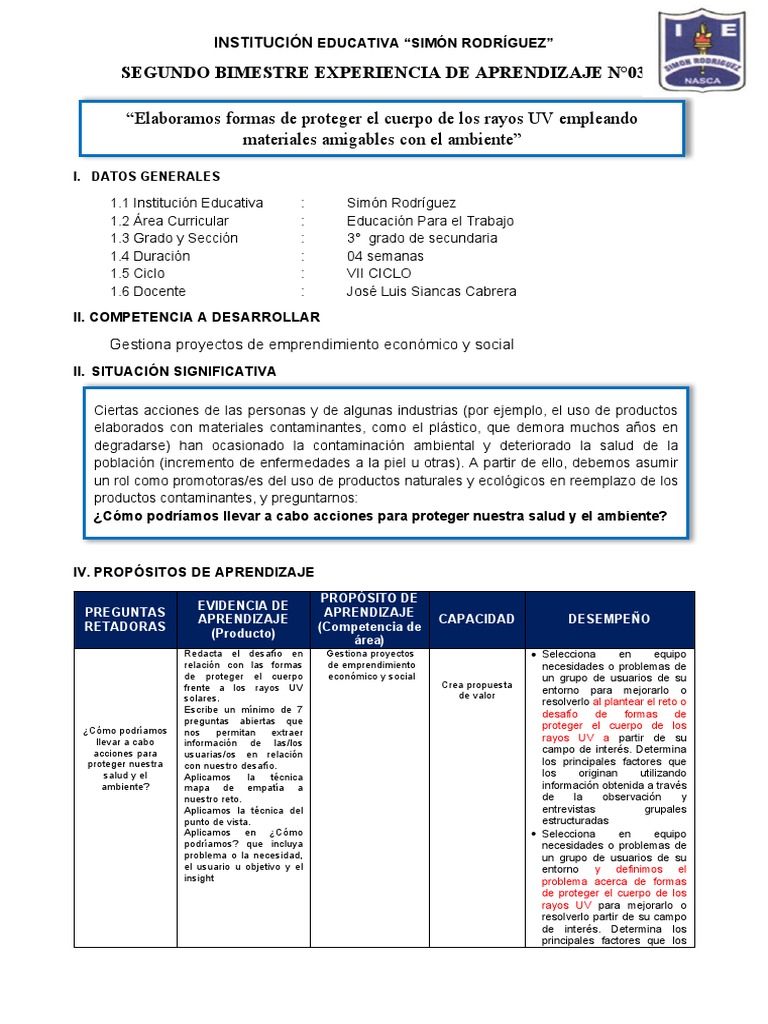 Experiencia de Aprendizaje 3 - Ept 3 Grado | PDF | Aprendizaje | Lluvia de ideas