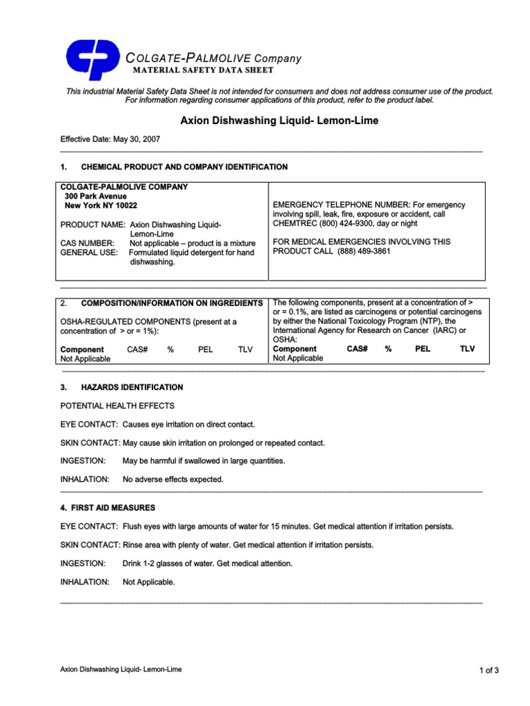 Axion Dishwashing Hand Lemon-Lime 5.30.07 - Colgate | PDF | Dangerous ...
