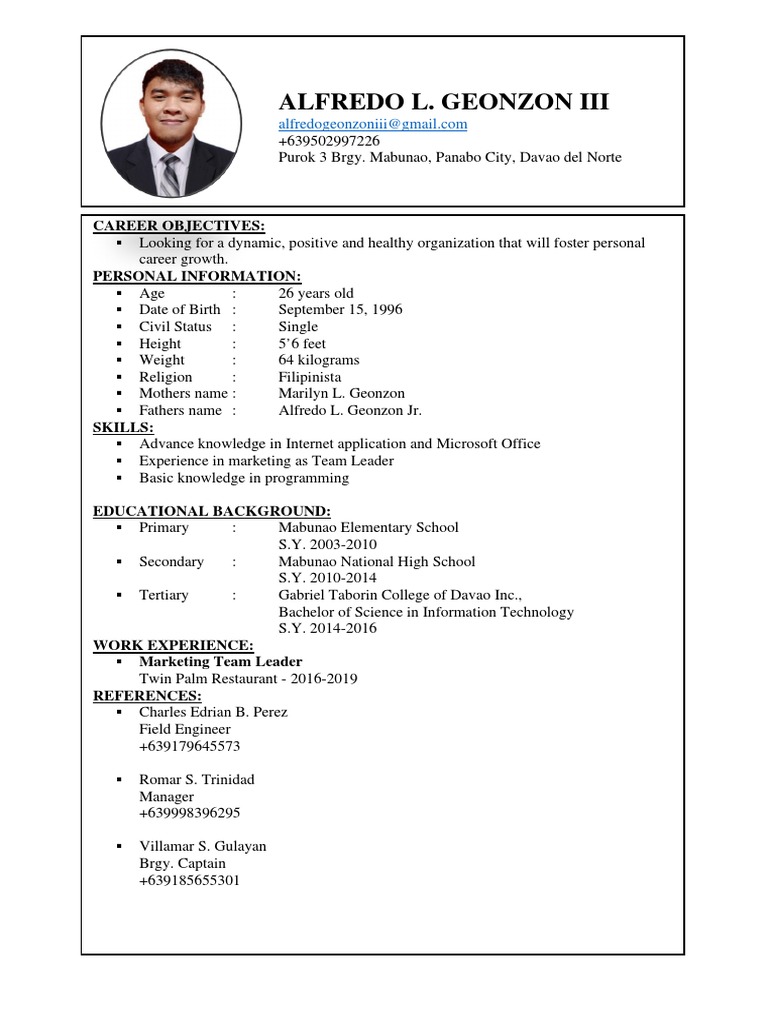 Alfredo L. Geonzon Iii: Career Objectives | PDF