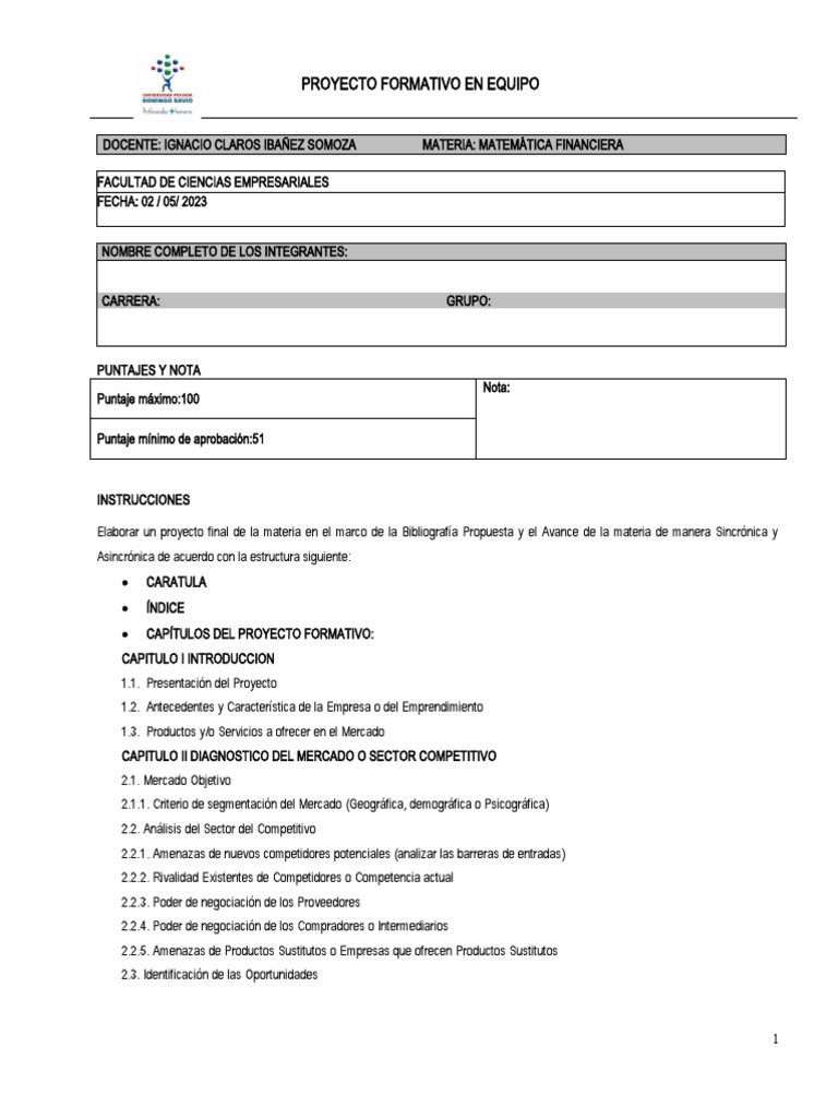 Proyecto Formativo en Matemática Financiera | PDF