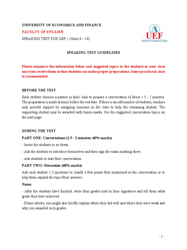 GEP 2 Speaking Test Guidelines | PDF | Communication
