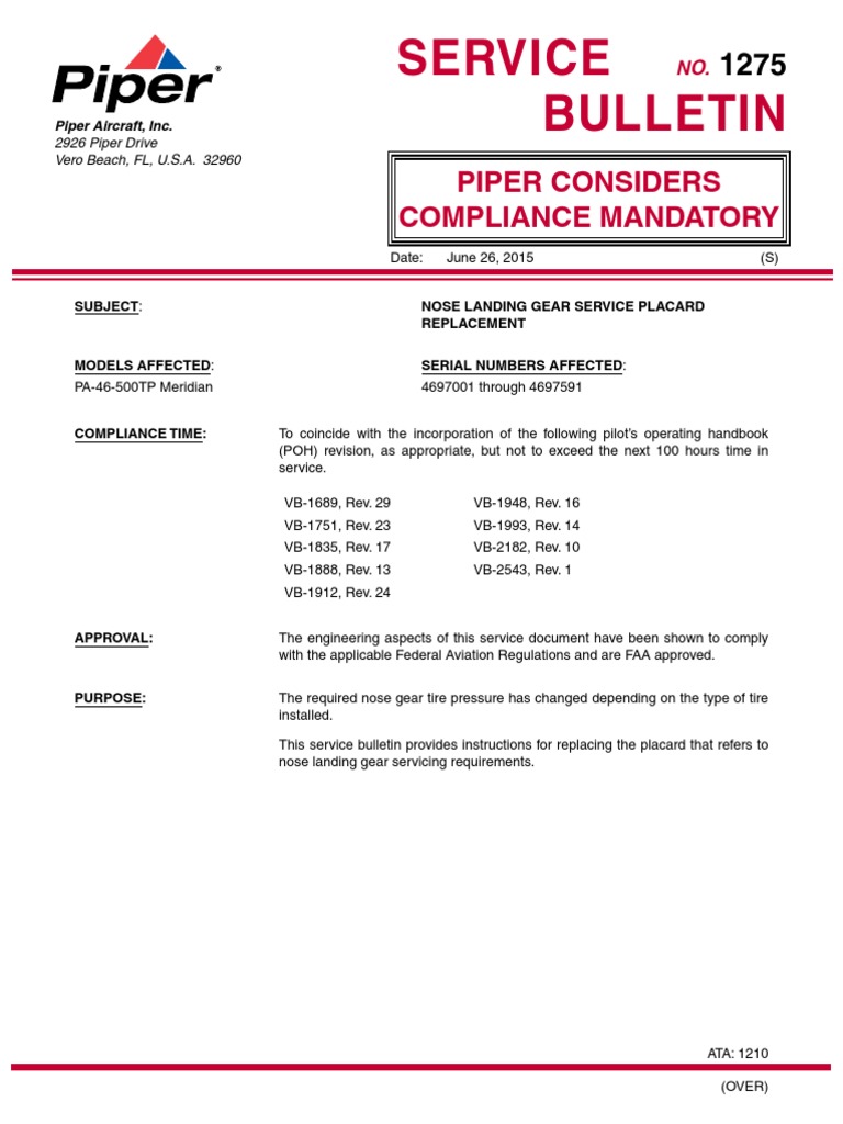 Piper SB 1275 - Nose Landing Gear Service Placard | PDF | Aircraft ...