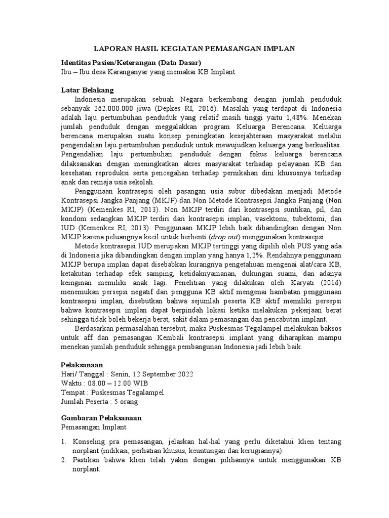 LAPORAN HASIL KEGIATAN PEMASANGAN IMPLAN | PDF
