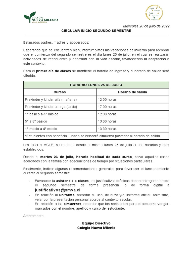 Circular Inicio Segundo Semestre (1) Formato de Circular | PDF