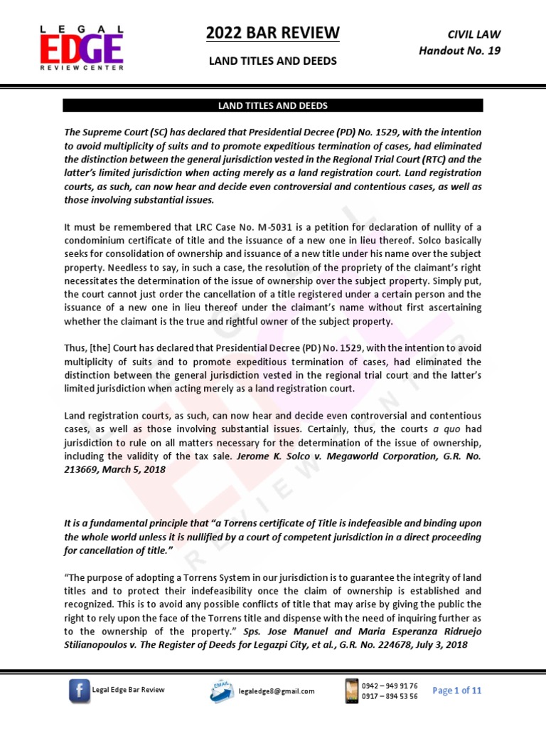 2022 HO 19 - Civil Law - Land Titles & Deeds | PDF | Mortgage Law | Deed