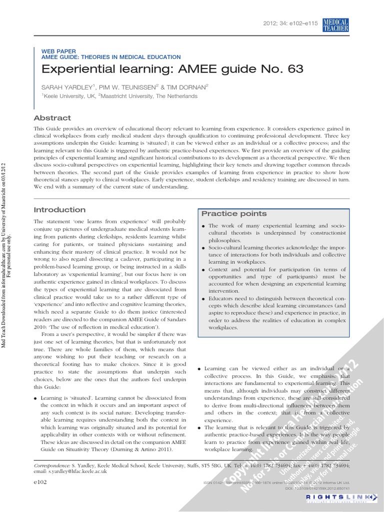 AMEE Guide 63 Experiential Learning | PDF | Learning | Constructivism (Philosophy Of Education)