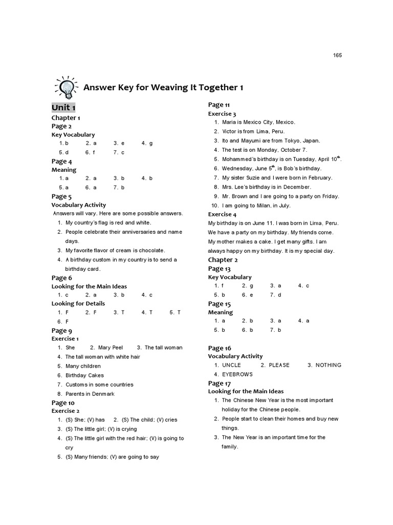 04 - Answer Key For Weaving It Together 1 | PDF | Laughter | Coffee