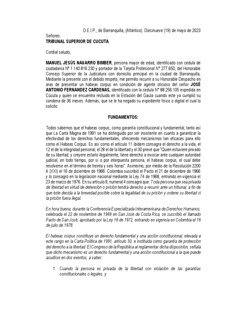 Escrito Habeas | PDF | Habeas corpus | Ley Pública