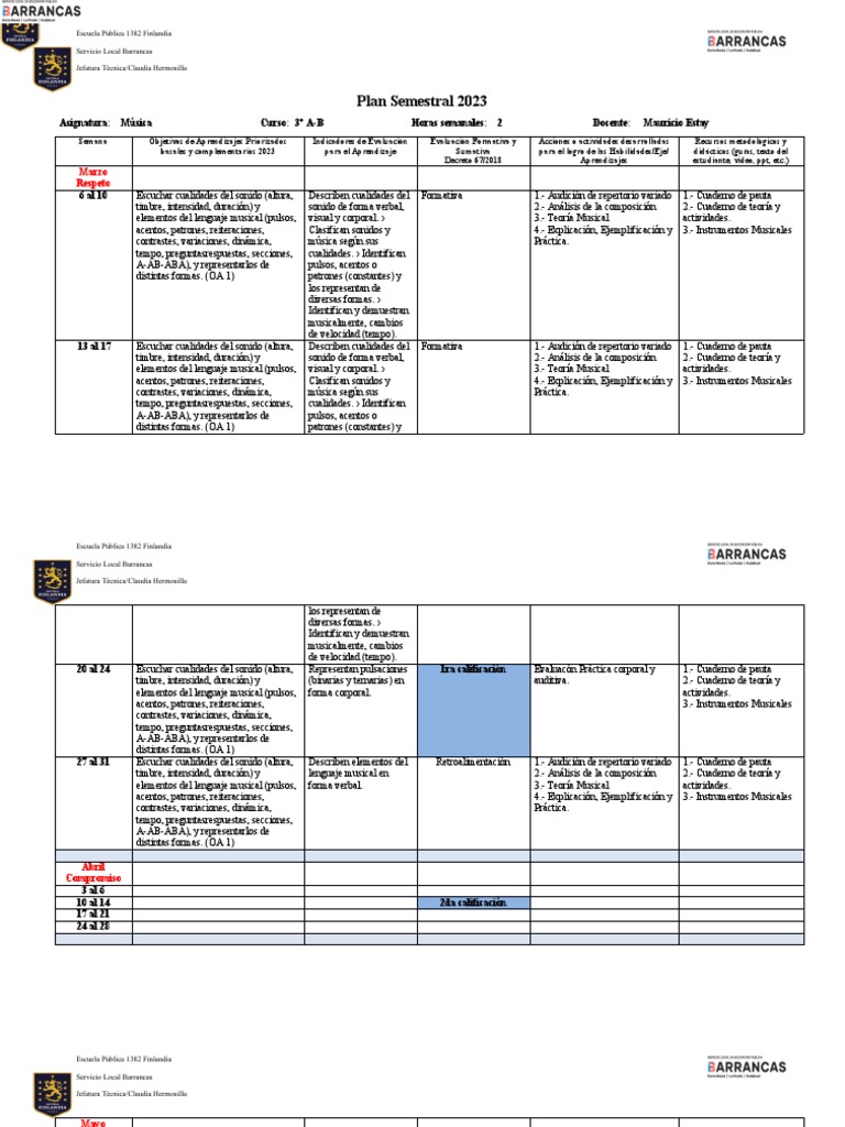Plan Semestral 2023 Terceros | PDF | Teoría musical | Sonido