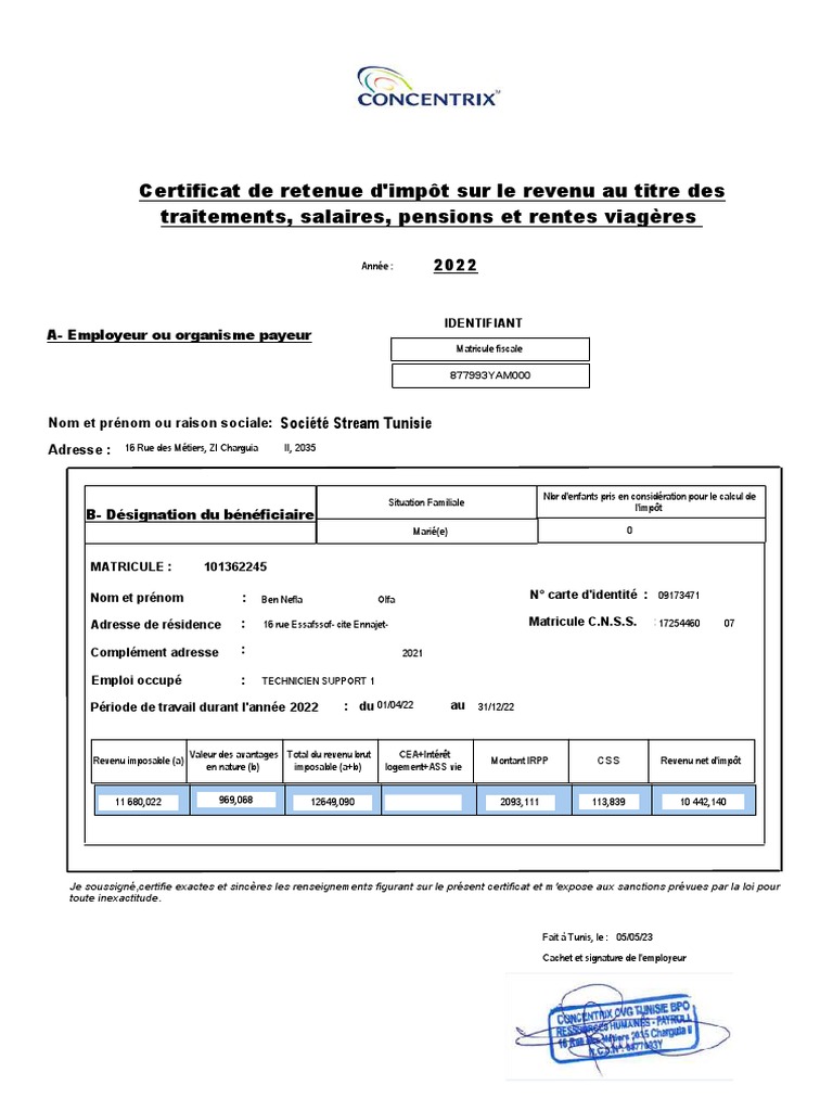 Certificat de Retenue D'impôt Sur Le Revenu Au Titre Des Traitements, Salaires, Pensions Et ...