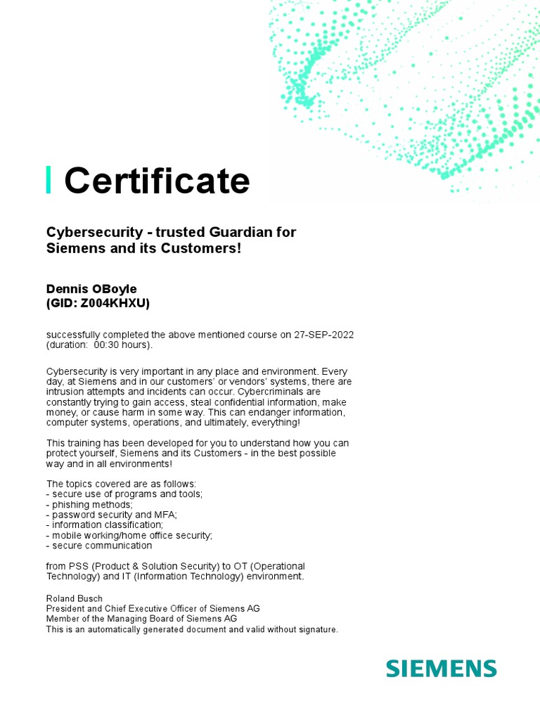 SIEMENS Cybersecurity Training Certificate - Trusted Guardian - Dennis ...