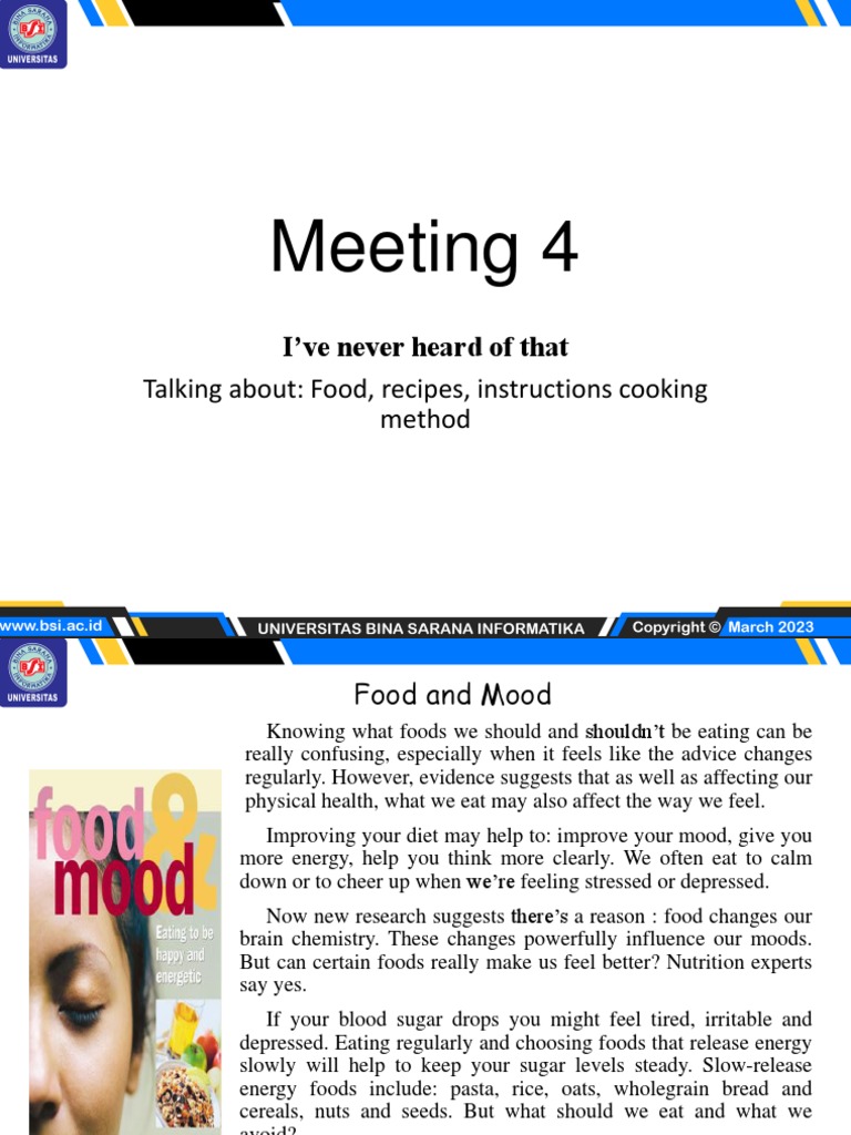 Meeting 4: Talking About: Food, Recipes, Instructions Cooking Method | PDF