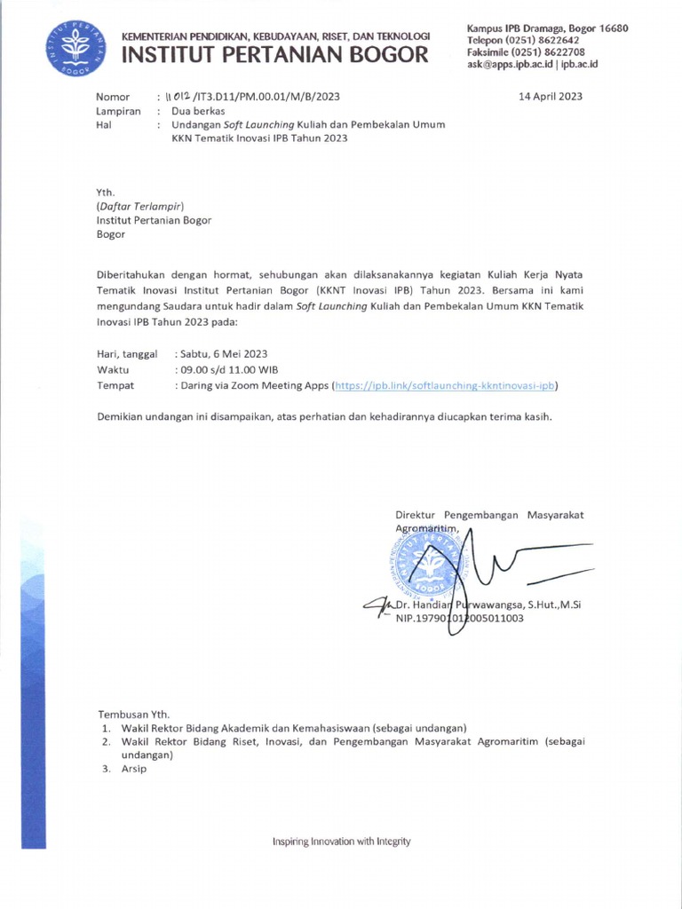 Undangan Soft Launching KKNT Inovasi IPB 2023 | PDF