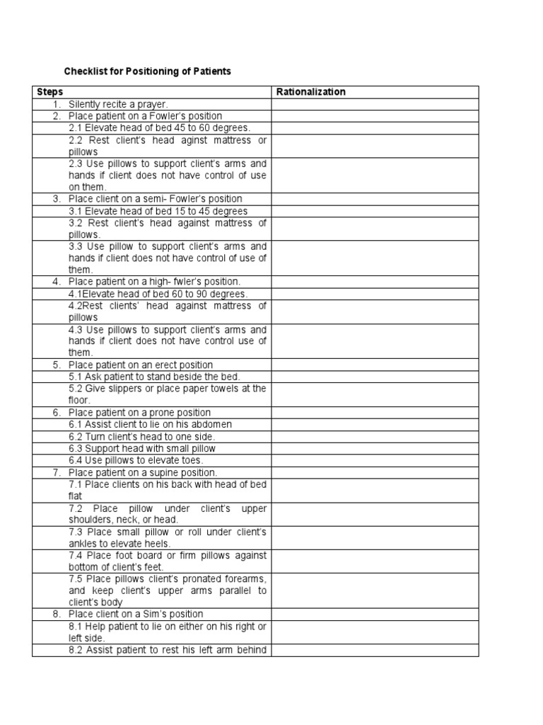 Checklist For Positioning of Patients | PDF | Anatomical Terms Of ...