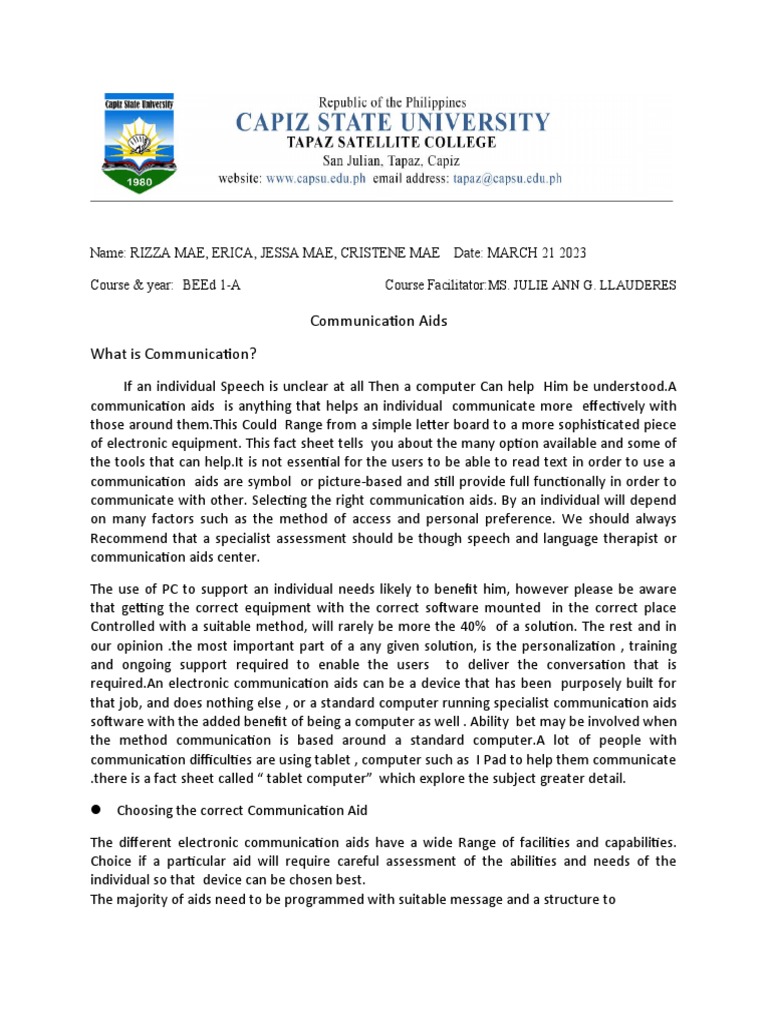 Communication Aids | PDF | Communication | School Psychology