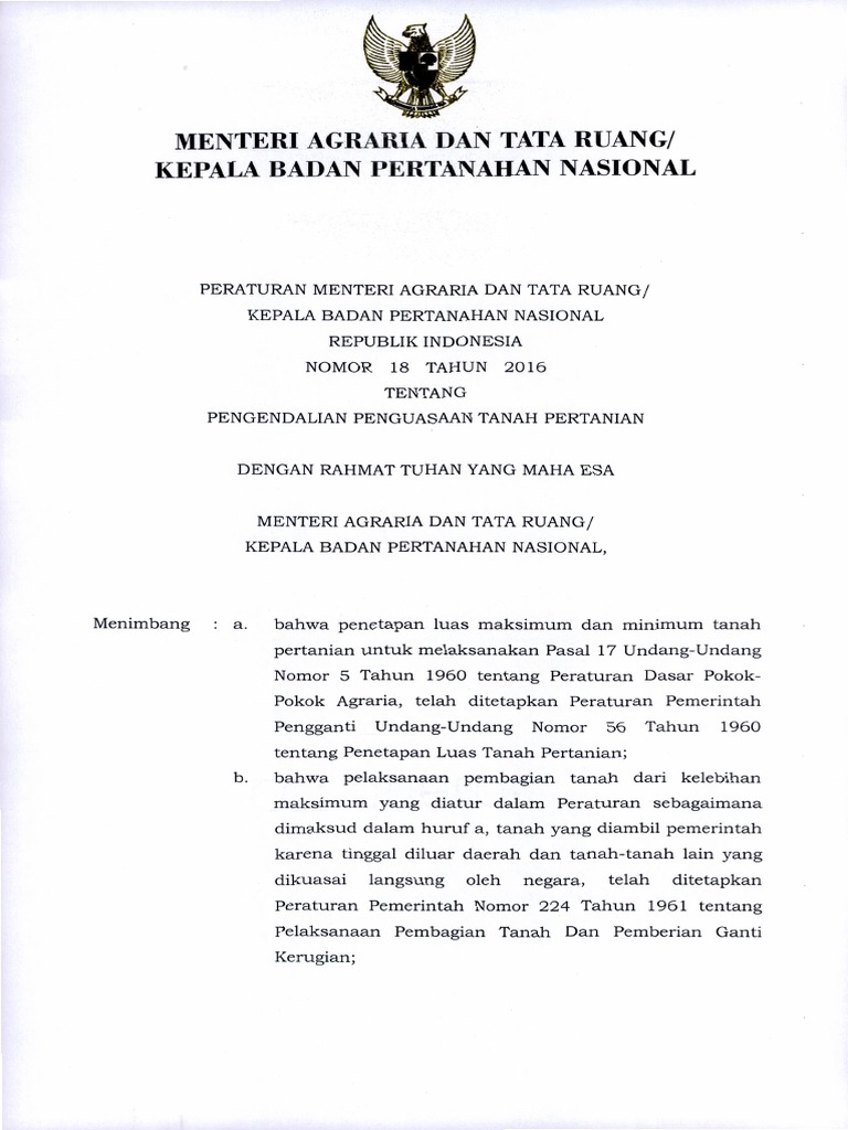 Permen No 18 Tahun 2016 Pengendalian Penguasaan Tanah Pertanian | PDF