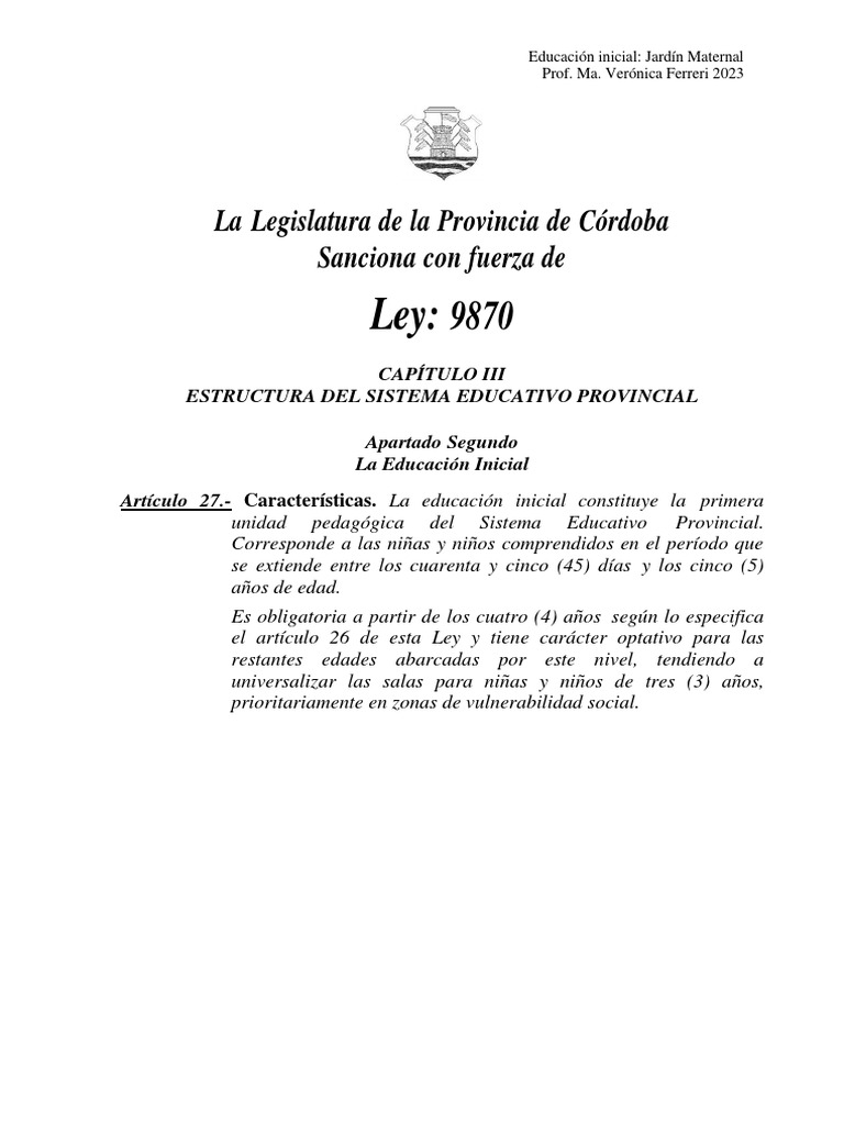Ley - Provincial - 9870 - Extracto NI | PDF | Educación de la primera ...