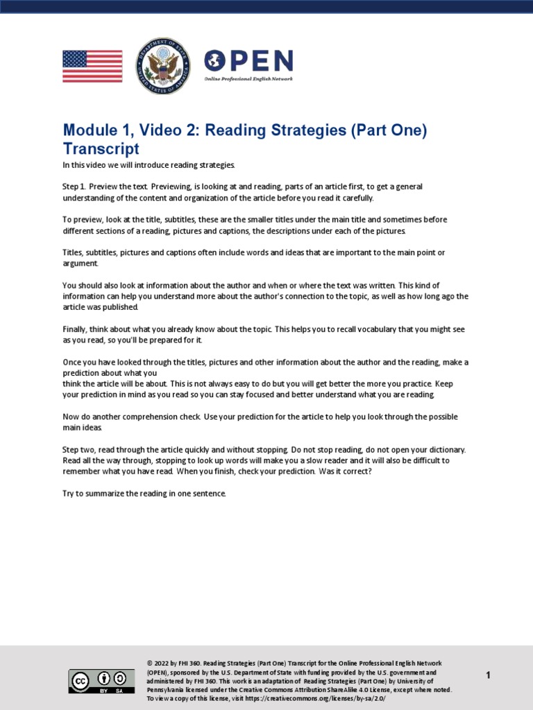 M1 T2 Reading Strategies (Part 1) Transcript | PDF | Reading ...