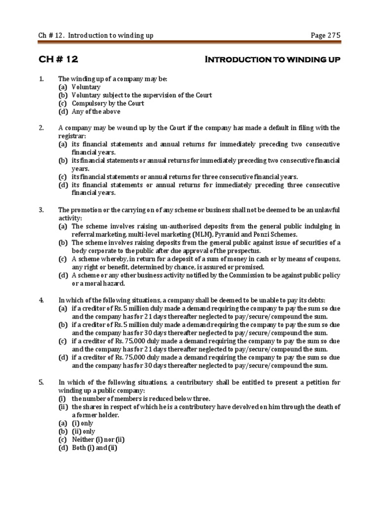 MCQS Chapter 12 Company Law 2017 | PDF | Liquidation | Corporate Law