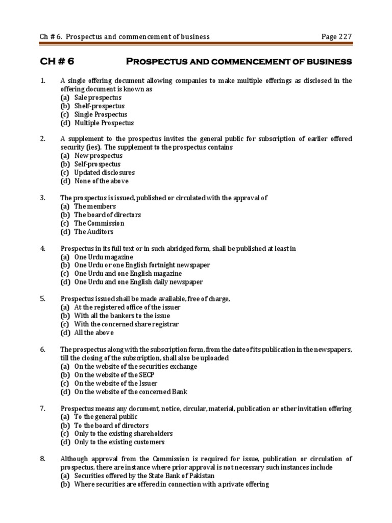 MCQS Chapter 6 Company Law 2017 | PDF | Prospectus (Finance ...