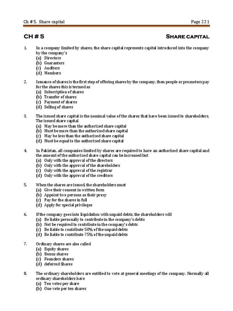 MCQS Chapter 5 Company Law 2017 | PDF | Business Economics | Investing