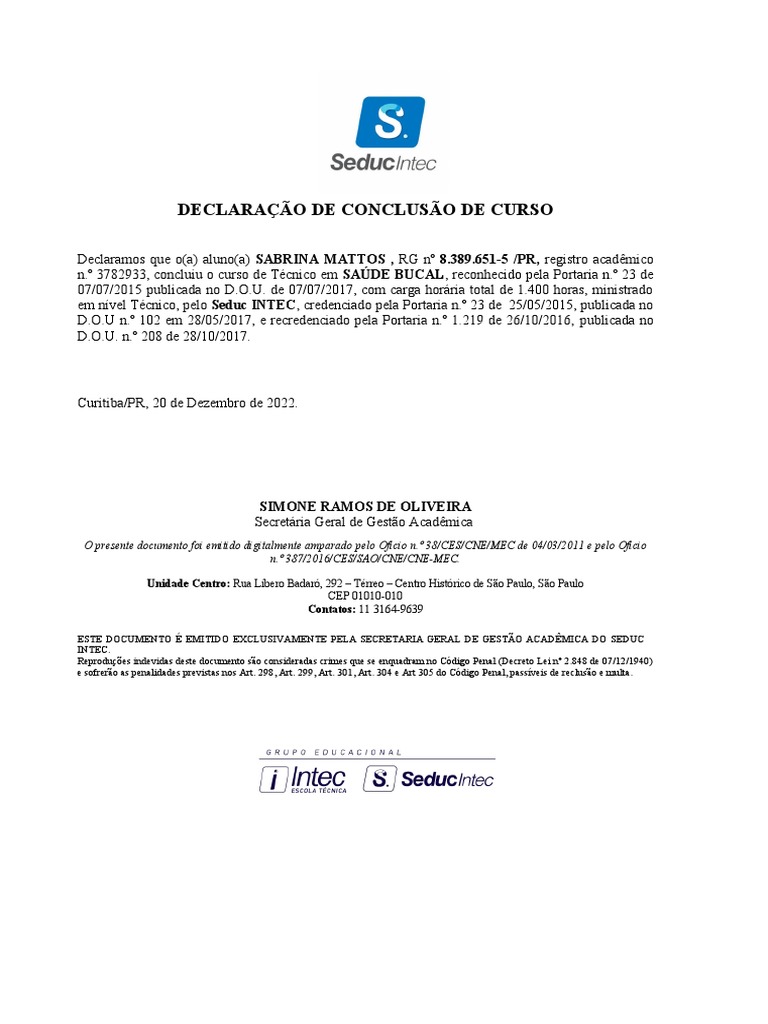 Dec Seduc Intec 2023 Modelo in | PDF