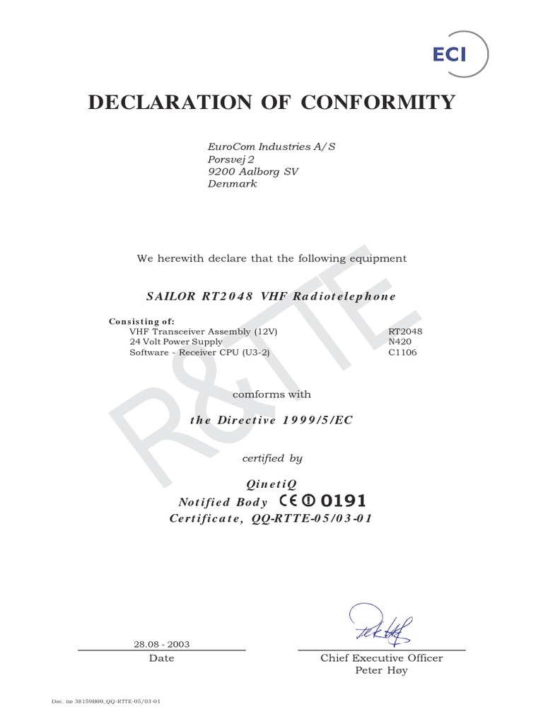 RT2048 Declaration For Conformity | PDF | Technology & Engineering