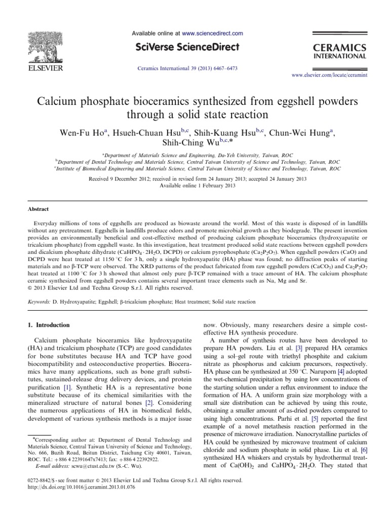 Calcium Phosphate Bioceramics Synthesized From Eggshell Powders Through A Solid State Reaction ...