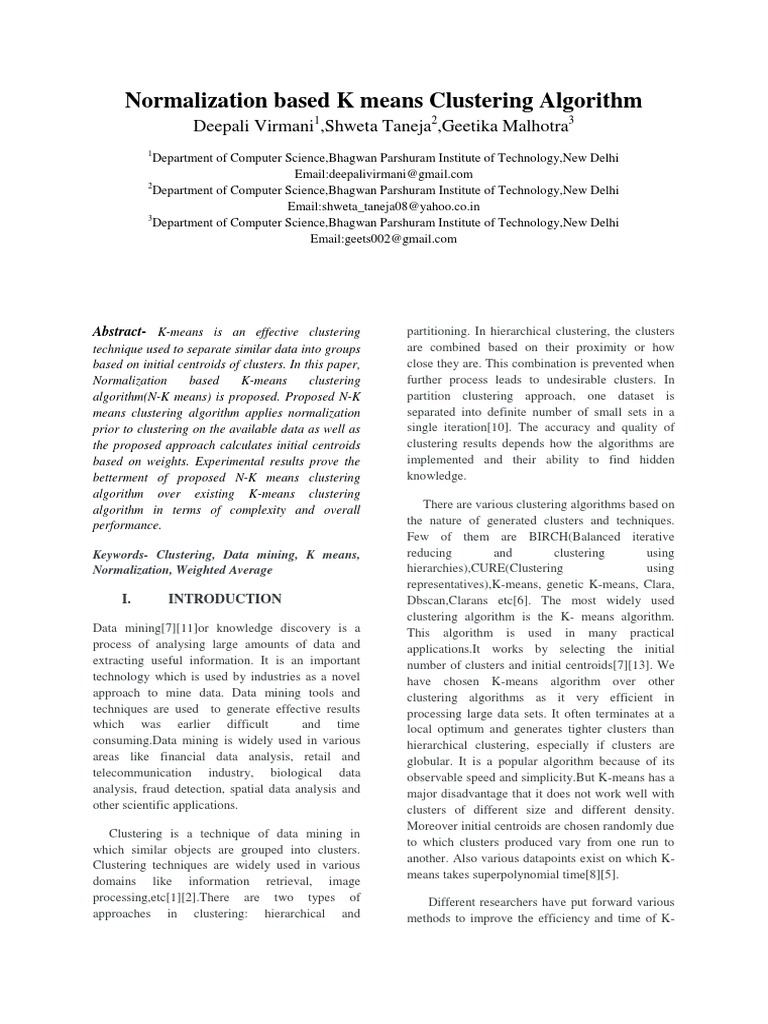 Normalization Based K Means Clustering Algorithm Pdf Cluster Analysis Data Mining