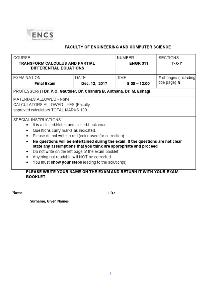 Final Exam Fall 2017 Final Version Pdf Fourier Series