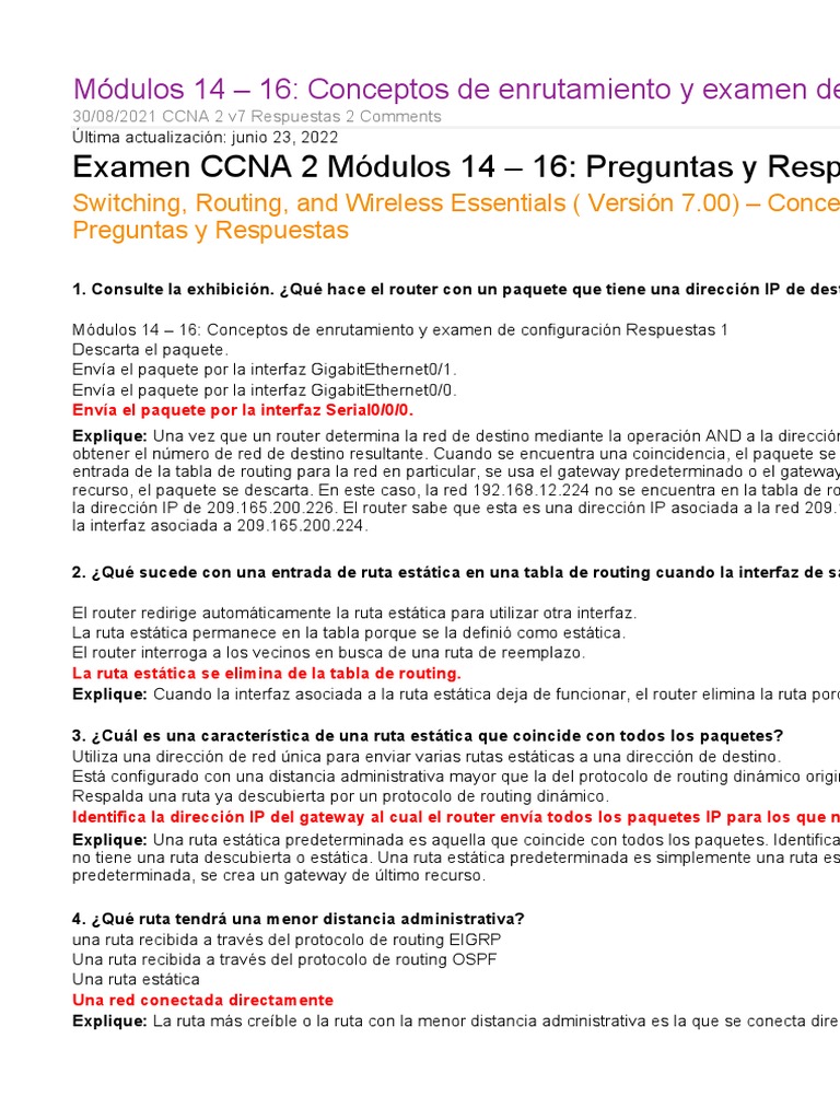 CCNA2 v7 Modulos 14-16 | PDF | Enrutador (Computación) | Protocolos de internet
