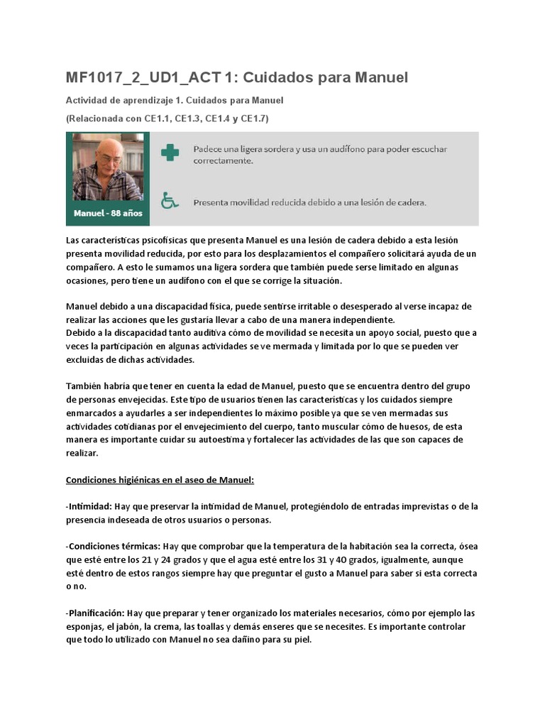 Final MF1017 - 2 - UD1 - ACT 1 - Cuidados para Manuel | PDF | Higiene | Baños