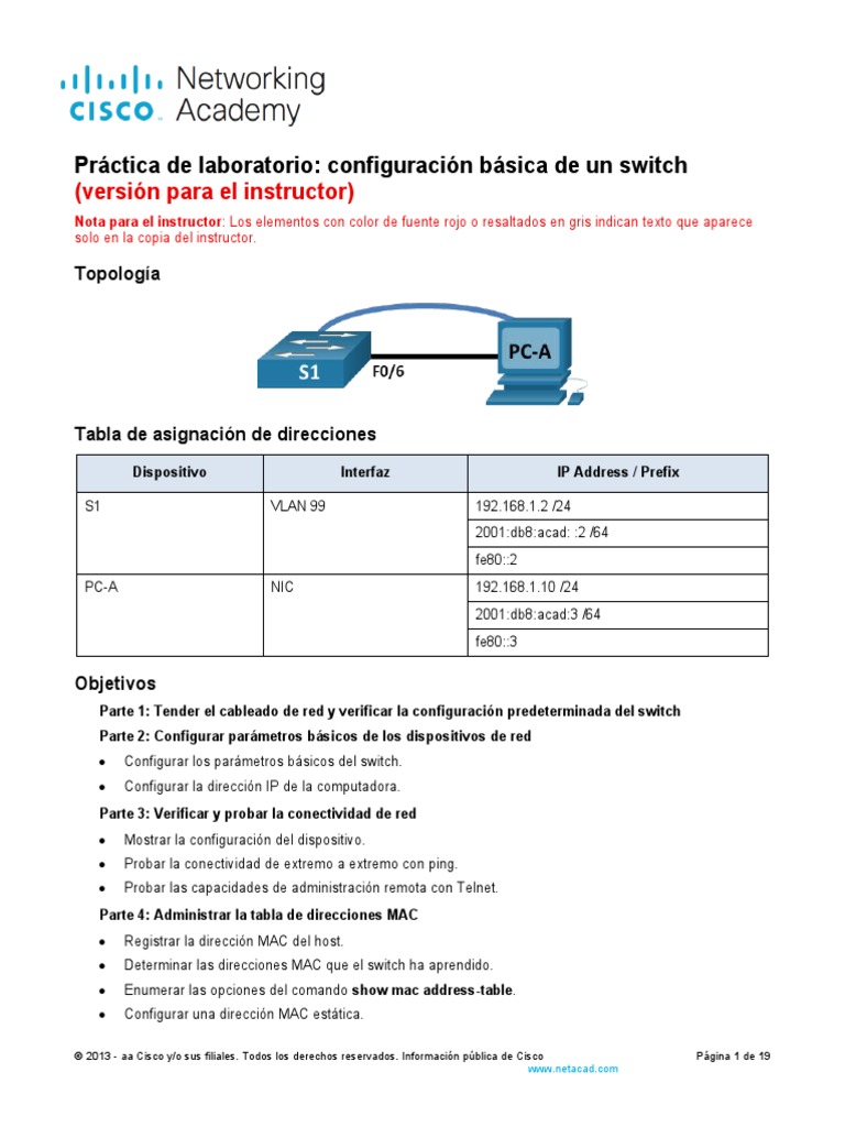 1.1.7 Lab - Basic Switch Configuration - ILM | PDF | Conmutador de red | Dirección IP