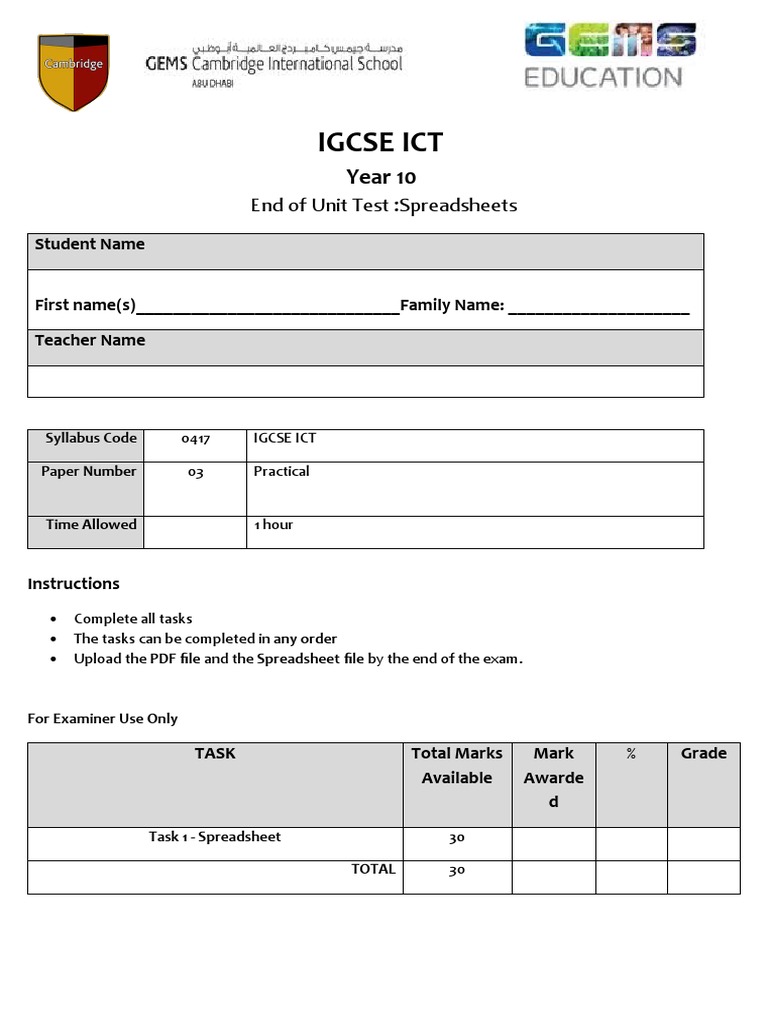 ICT Prac Excel End of Unit Test Spreeadsheets | PDF