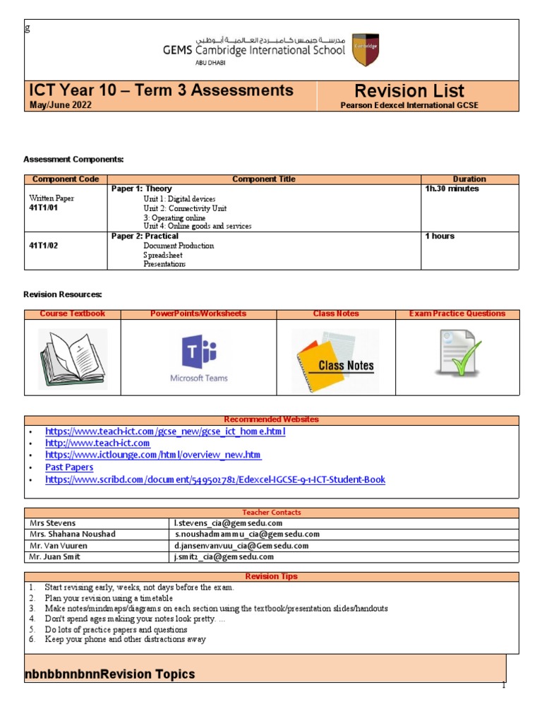 Y10 ICT Revision Checklist Mock Term3 | Download Free PDF | Computer Network | Computer Data Storage