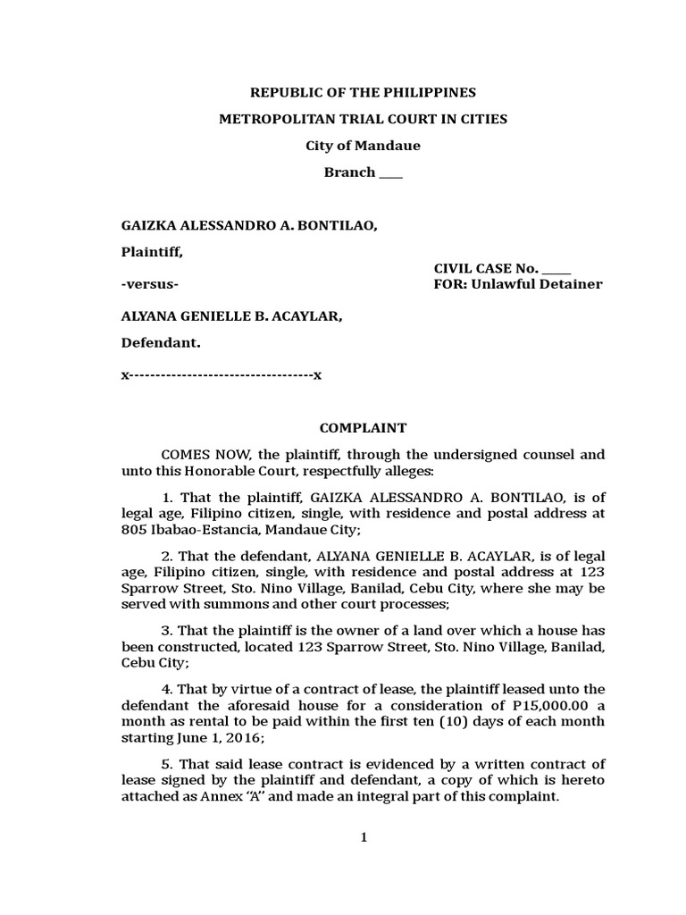 Ejectment Complaint | PDF | Lawsuit | Complaint