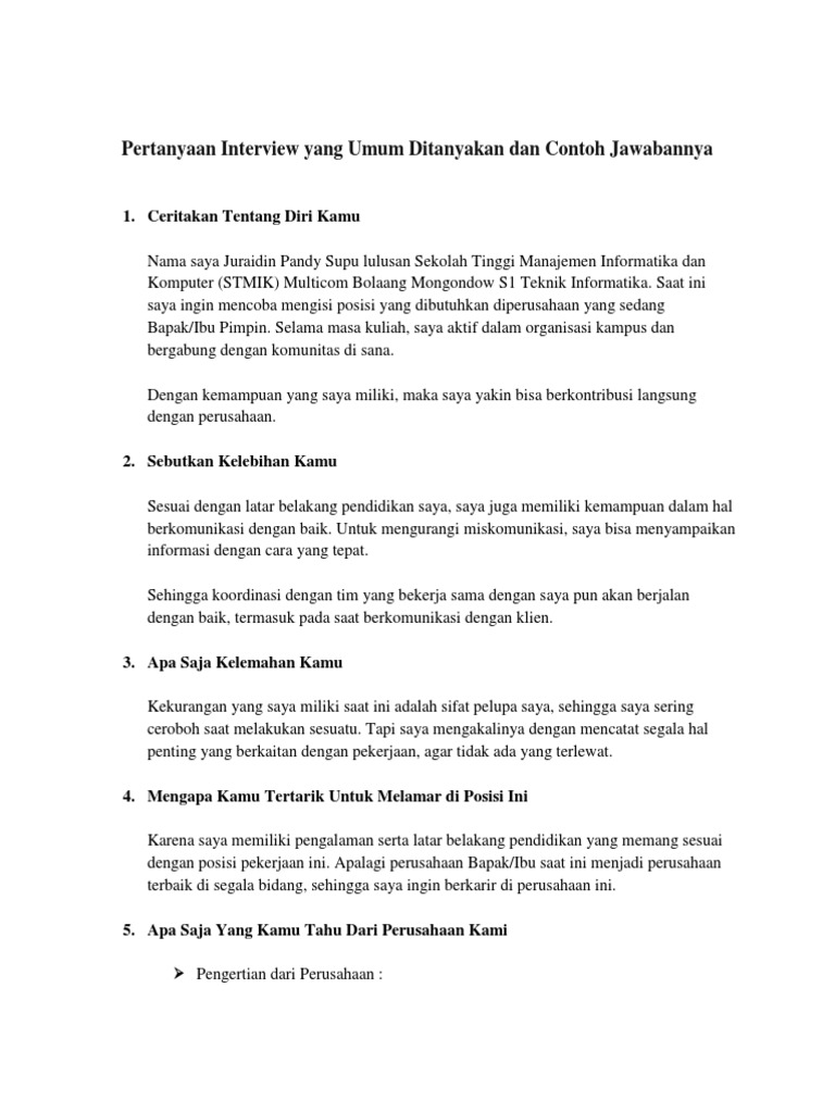 Pertanyaan Interview Yang Umum Ditanyakan Dan Contoh Jawabannya | PDF