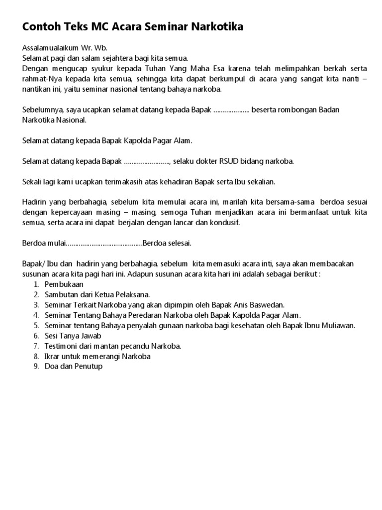 Teks MC Seminar Narkotika Nasional | PDF