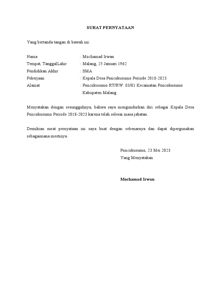 Surat Pernyataan Pengunduran Diri Kades 2023 | PDF