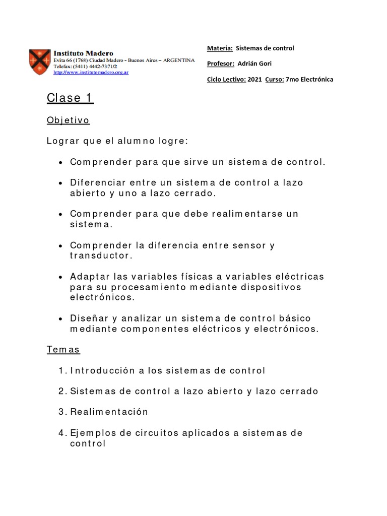 Clase 1: Materia: Sistemas de Control Profesor: Adrián Gori Ciclo ...