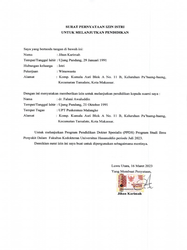 Surat Izin Melanjutkan Pendidikan | PDF
