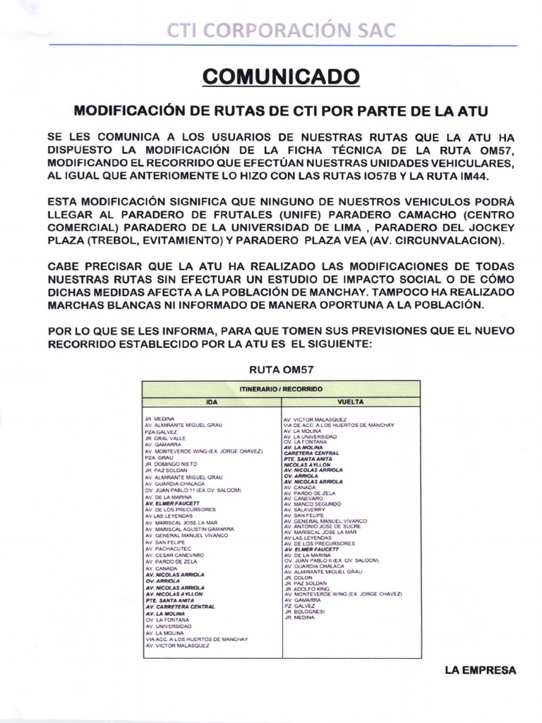 Modificación Rutas OM57 y IO57B ATU | PDF | Ciencia y matemáticas