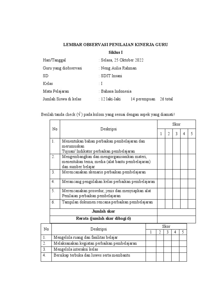 X - Lembar Observasi Penilaian Kinerja Guru | PDF