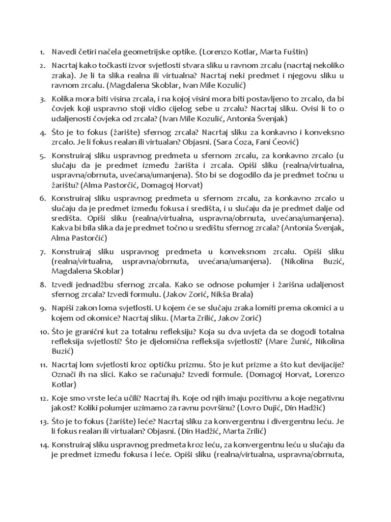 Teorijska Pitanja Geometrijska Optika | PDF