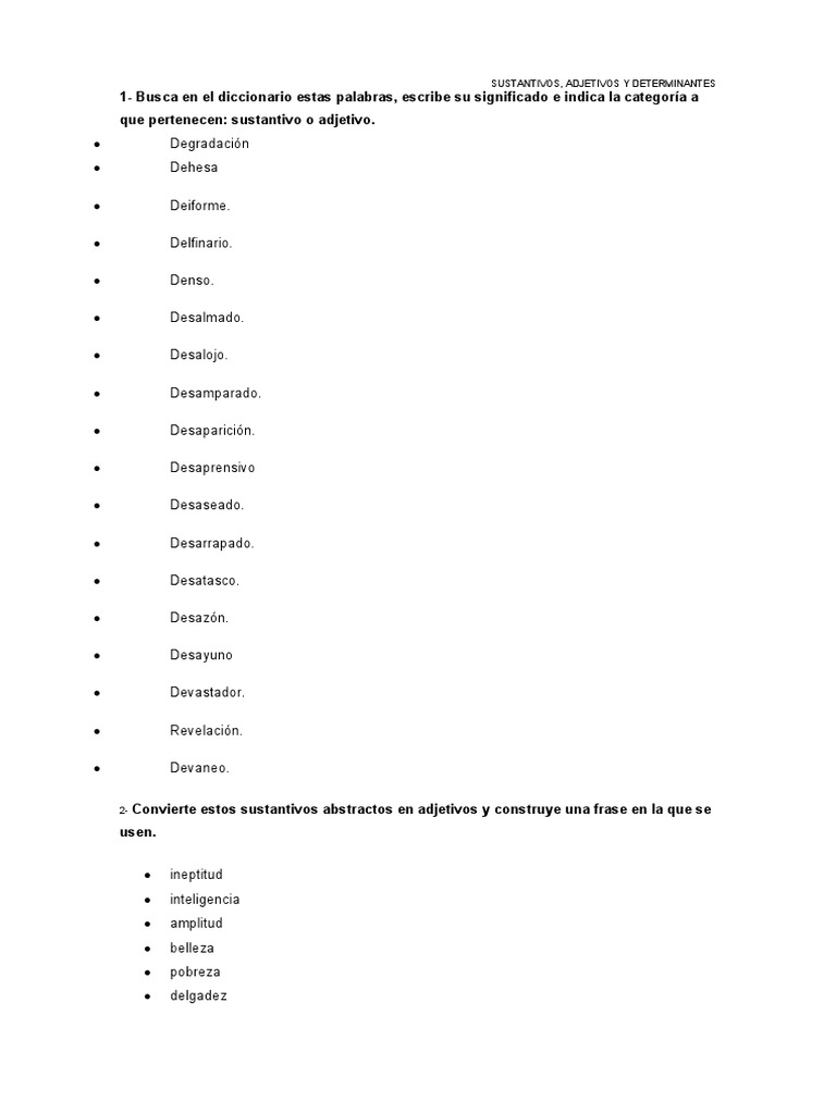 Sustantivos, Adjetivos y Determinantes Ejercitario Octavo | PDF ...
