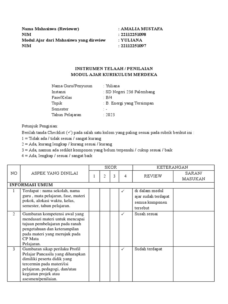 Amalia Mustafa - 22112251098 - Review Modul Ajar | PDF