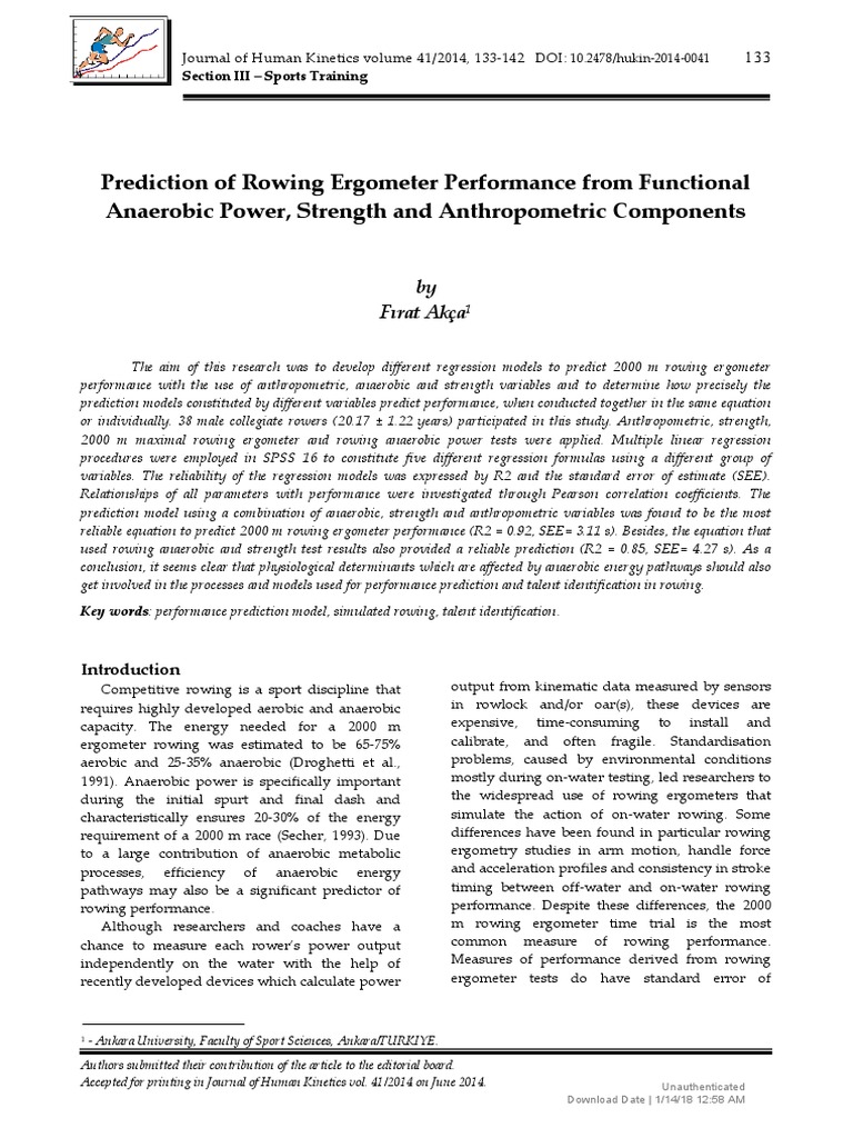 (Journal of Human Kinetics) Prediction of Rowing Ergometer Performance From Functional Anaerobic ...