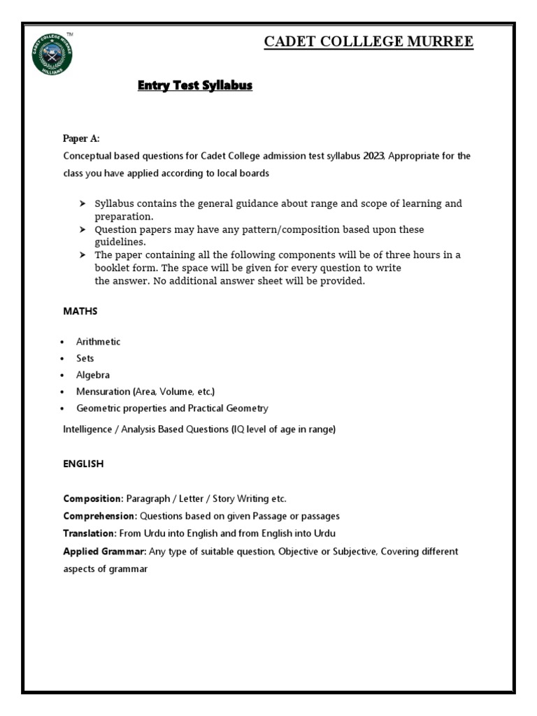 Entry Test Syllabus 9th 2023 | PDF